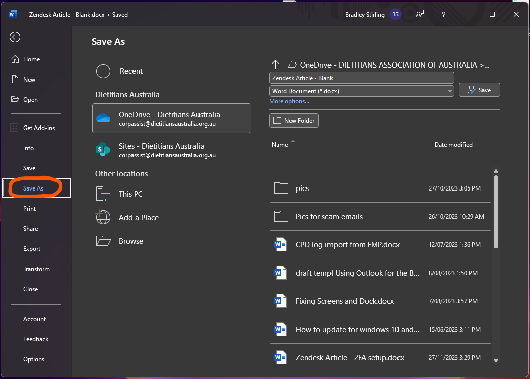 Saving Office 365 files to SharePoint – Dietitians Australia