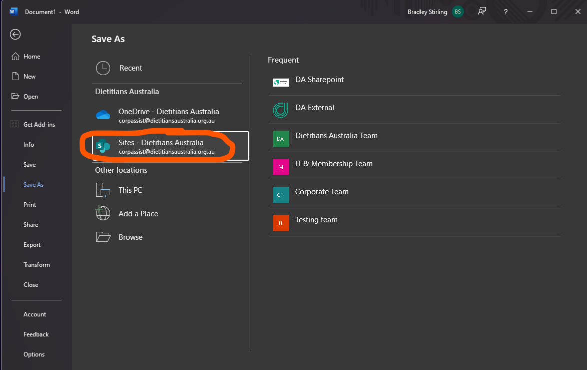 Saving Office 365 files to SharePoint – Dietitians Australia