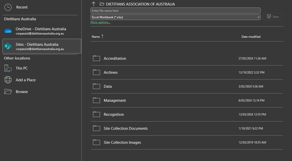 Saving Office 365 files to SharePoint – Dietitians Australia